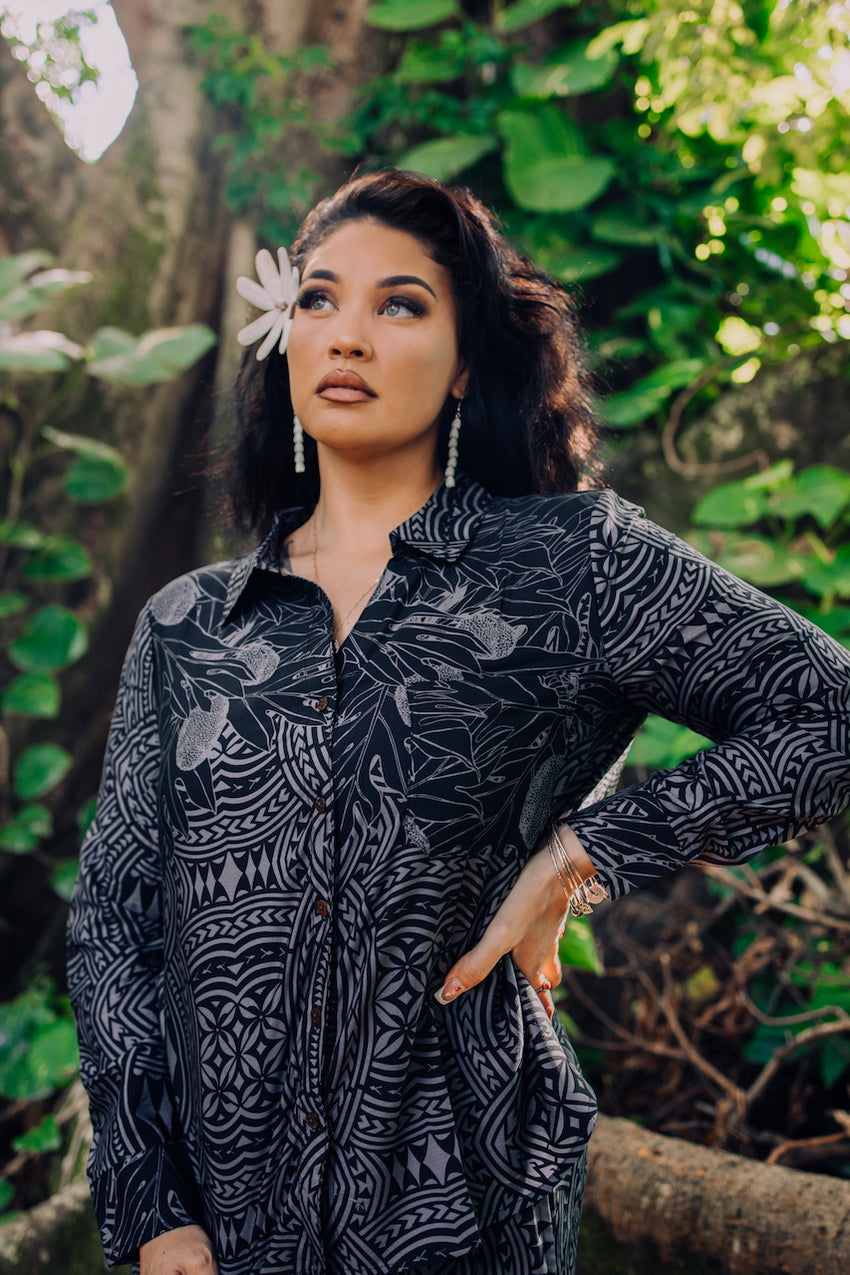 ULU ELEI LONG SLEEVE COLLAR BUTTON DOWN TOP TT165 – Tanoa Hawaii